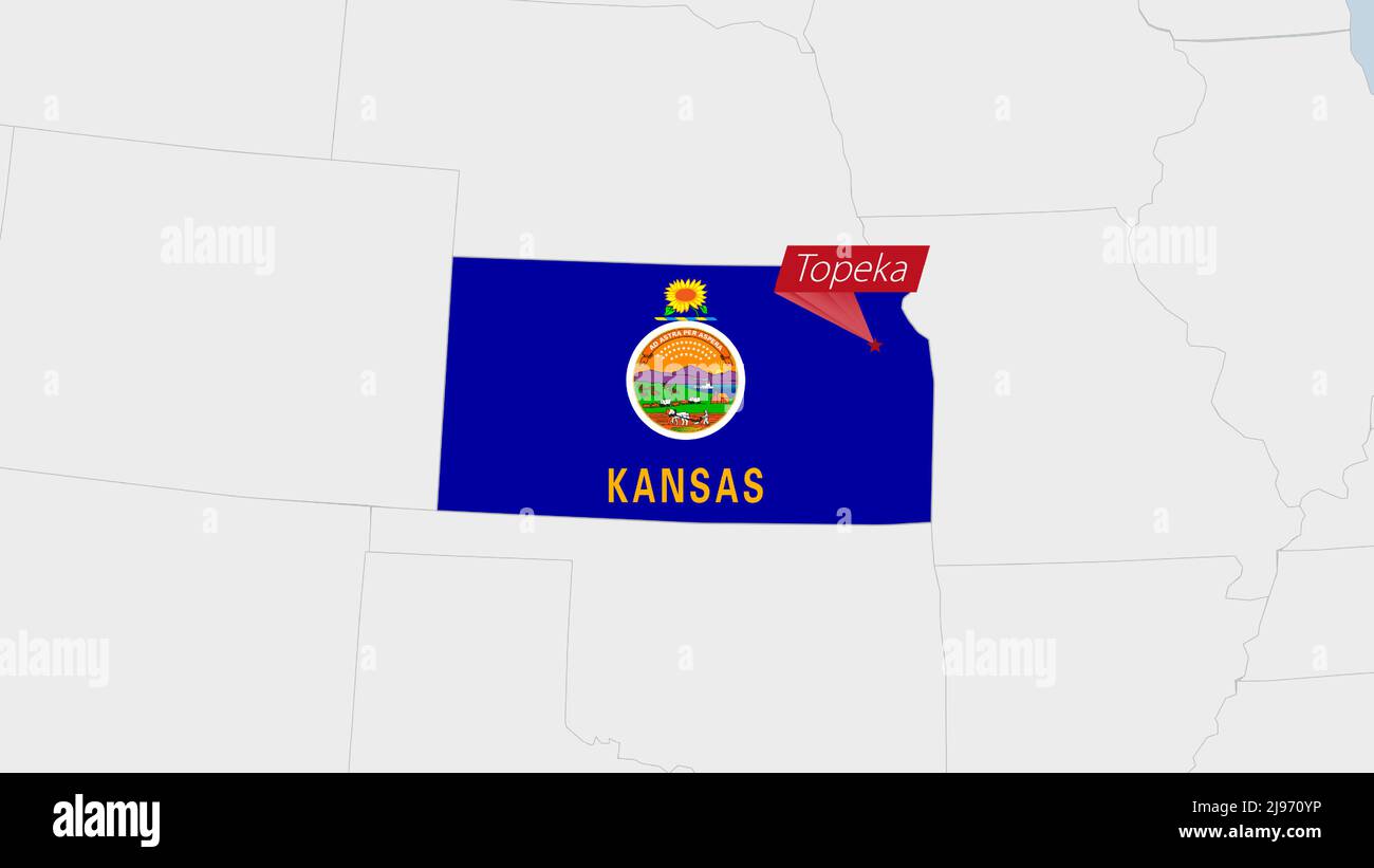 US State Kansas map highlighted in Kansas flag colors and pin of ...