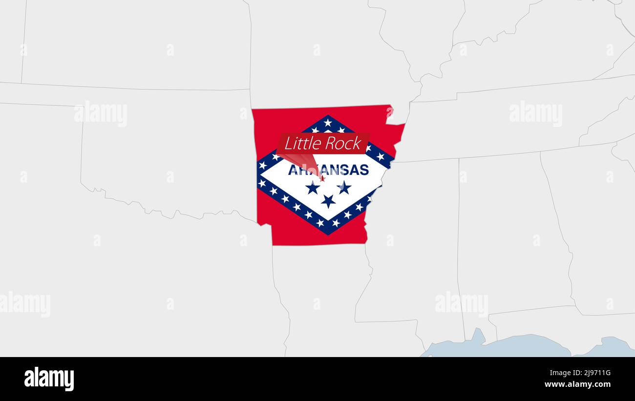 US State Arkansas map highlighted in Arkansas flag colors and pin of ...