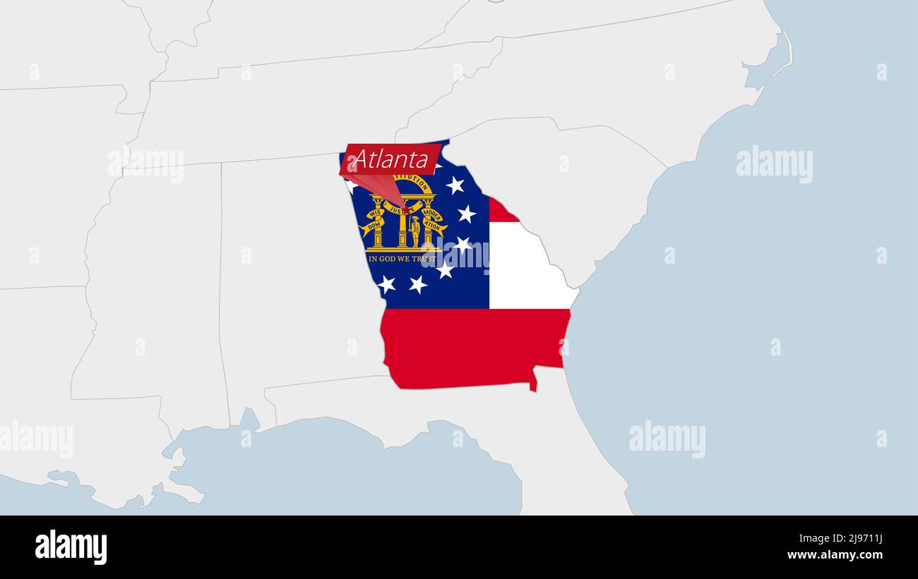 US State Georgia map highlighted in Georgia flag colors and pin of ...