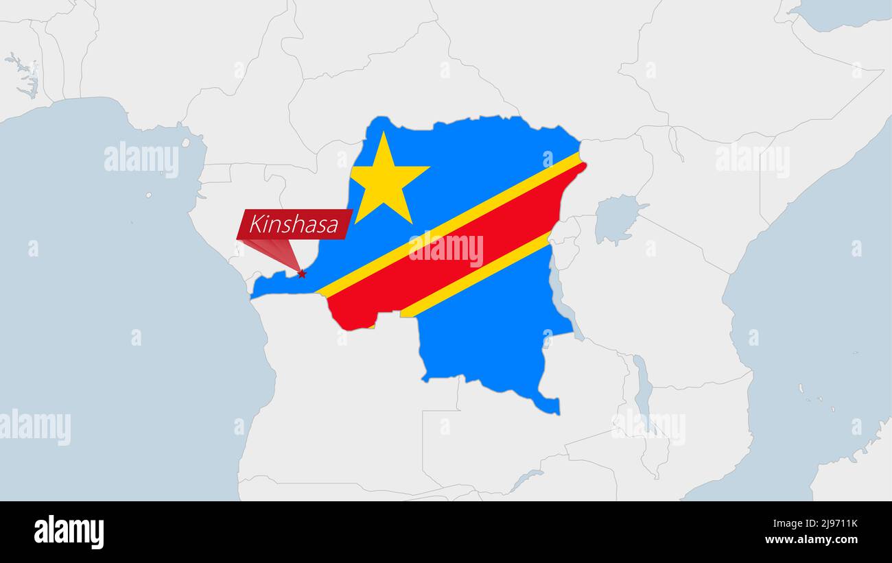 DR Congo map highlighted in DR Congo flag colors and pin of country ...