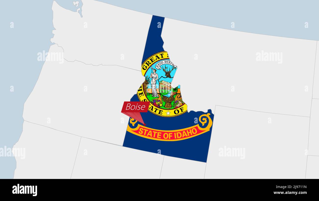 US State Idaho map highlighted in Idaho flag colors and pin of country ...