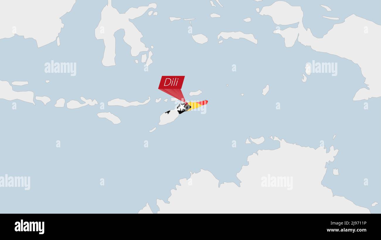 East Timor map highlighted in East Timor flag colors and pin of country ...