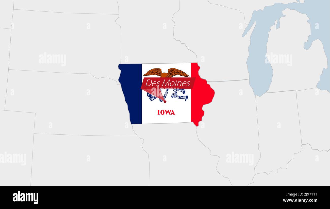 US State Iowa map highlighted in Iowa flag colors and pin of country ...