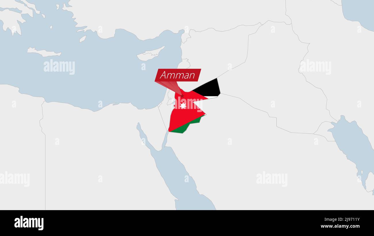 Jordan map highlighted in Jordan flag colors and pin of country capital ...