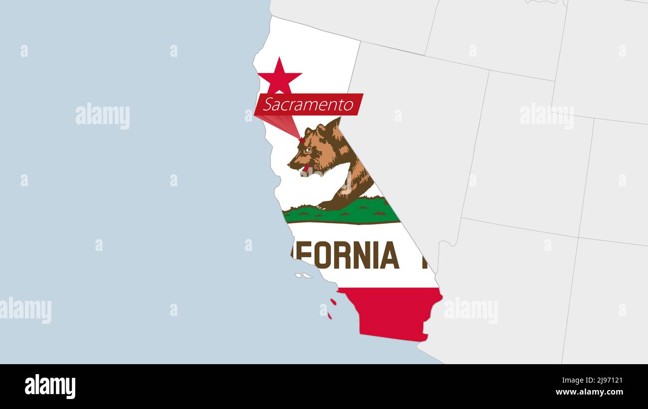 US State California map highlighted in California flag colors and pin ...