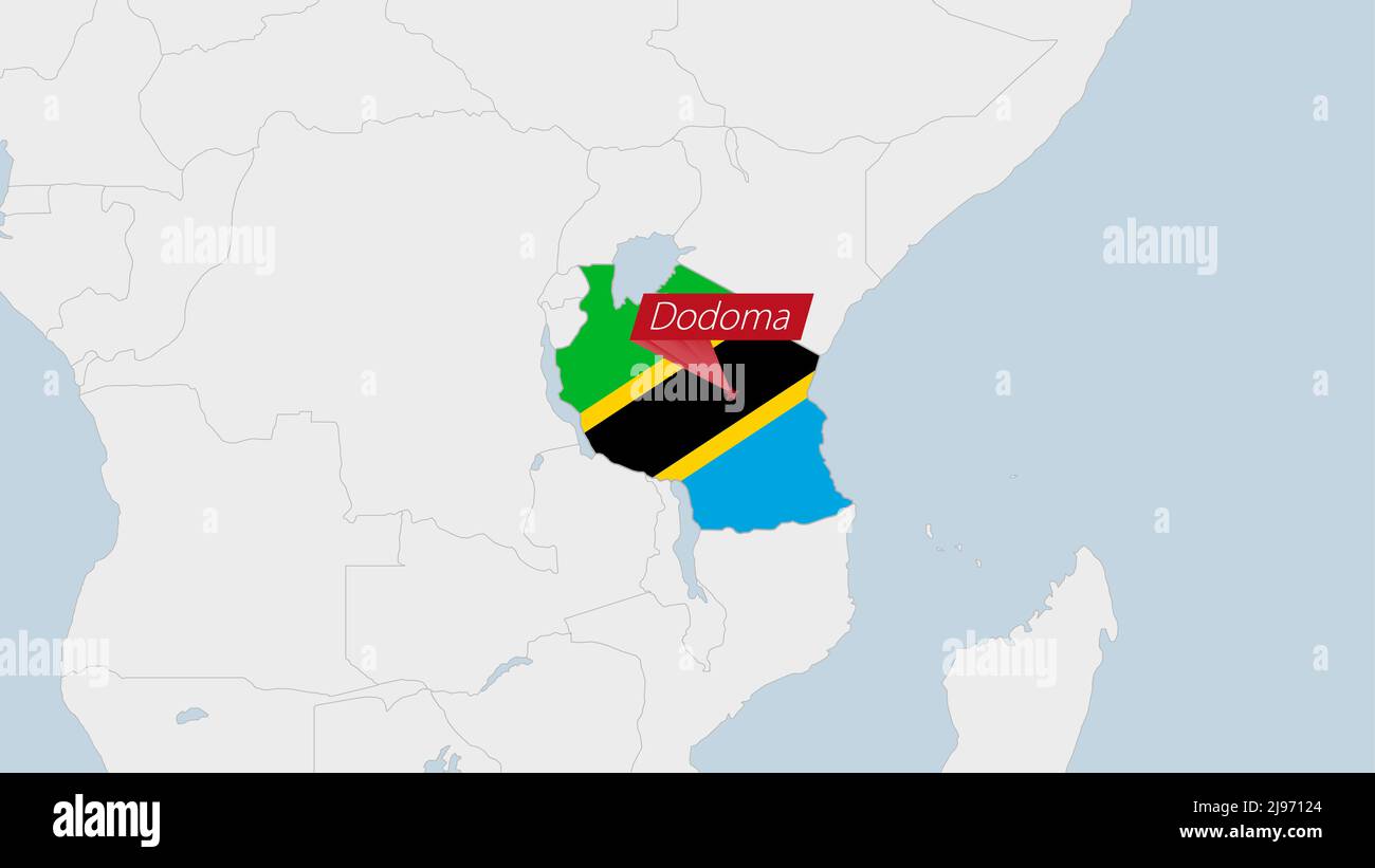 Tanzania Map Highlighted In Tanzania Flag Colors And Pin Of Country