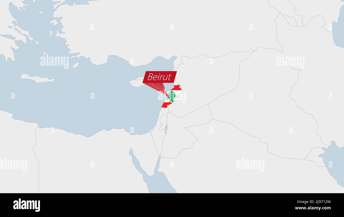 Lebanon map highlighted in Lebanon flag colors and pin of country ...