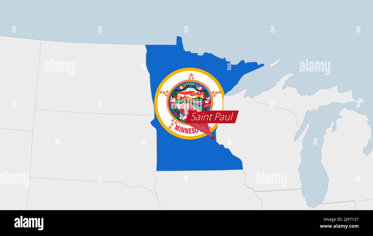 US State Minnesota map highlighted in Minnesota flag colors and pin of ...