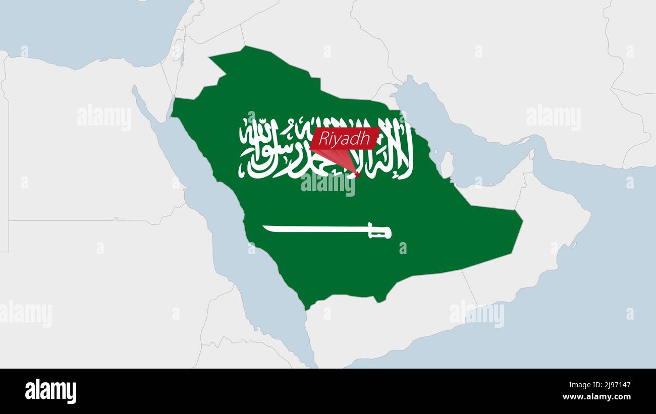 Saudi Arabia map highlighted in Saudi Arabia flag colors and pin of ...