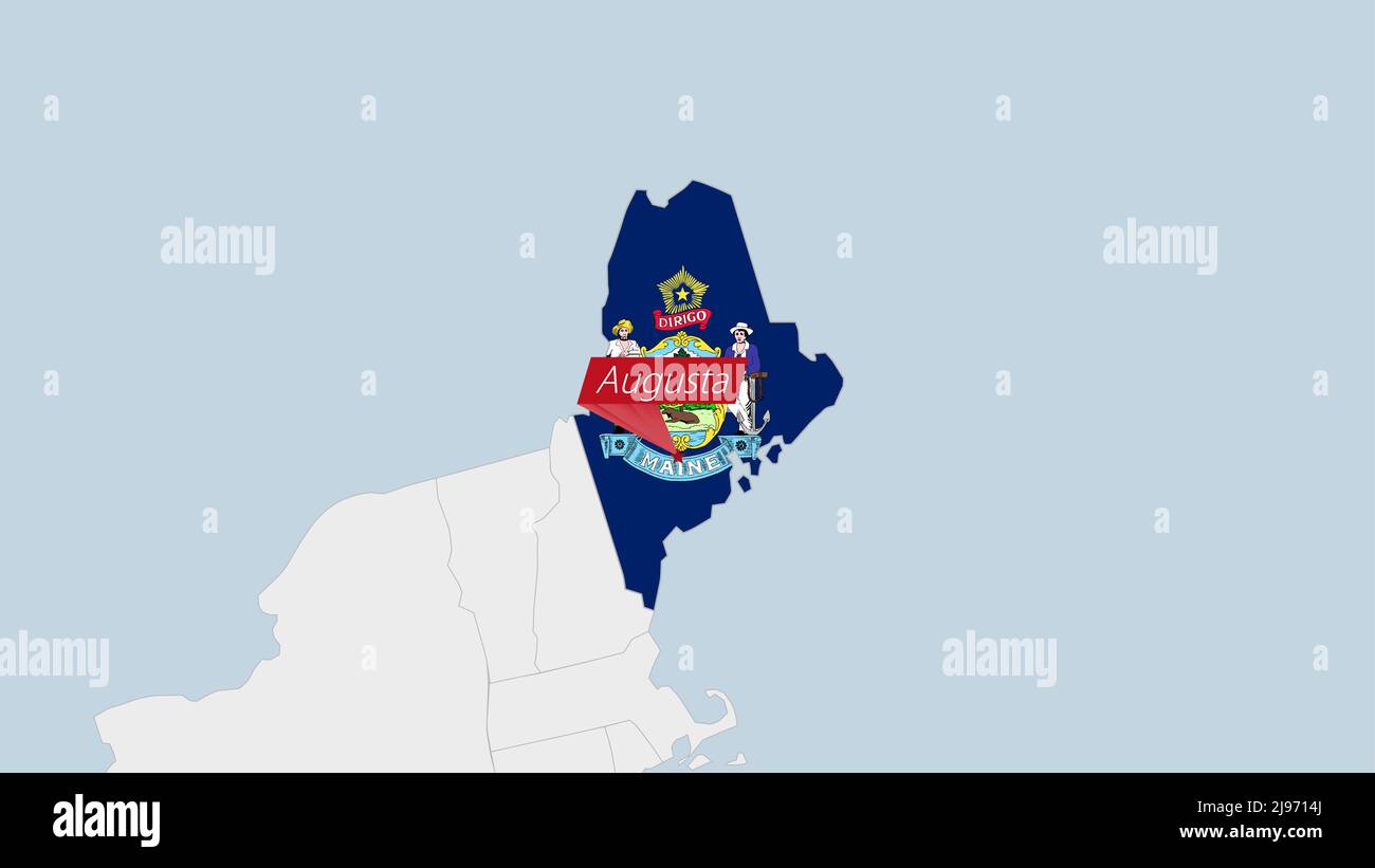 US State Maine map highlighted in Maine flag colors and pin of country ...