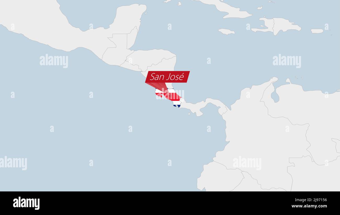 Costa Rica map highlighted in Costa Rica flag colors and pin of country ...