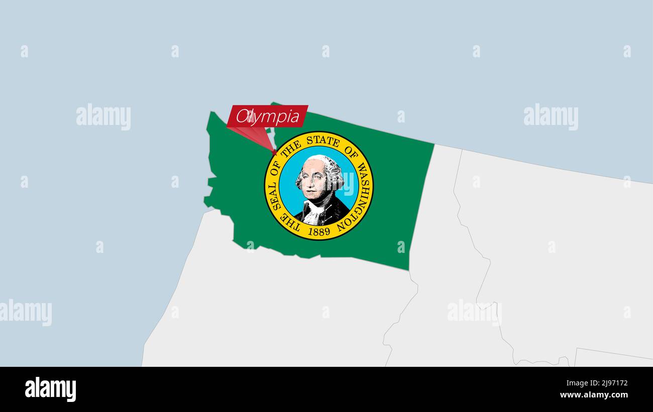 US State Washington map highlighted in Washington flag colors and pin ...
