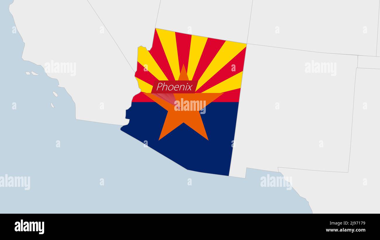 US State Arizona map highlighted in Arizona flag colors and pin of ...
