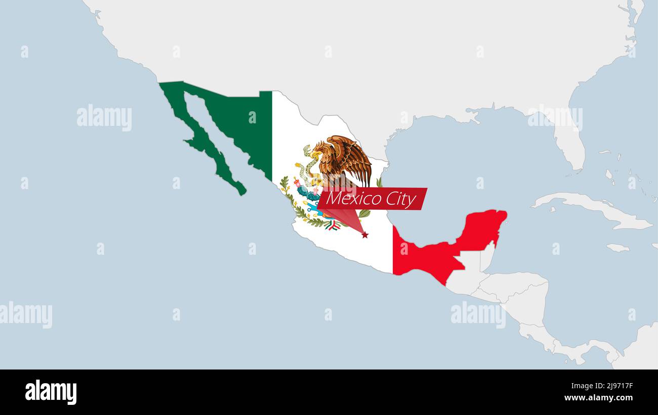 Mexico map highlighted in Mexico flag colors and pin of country capital ...