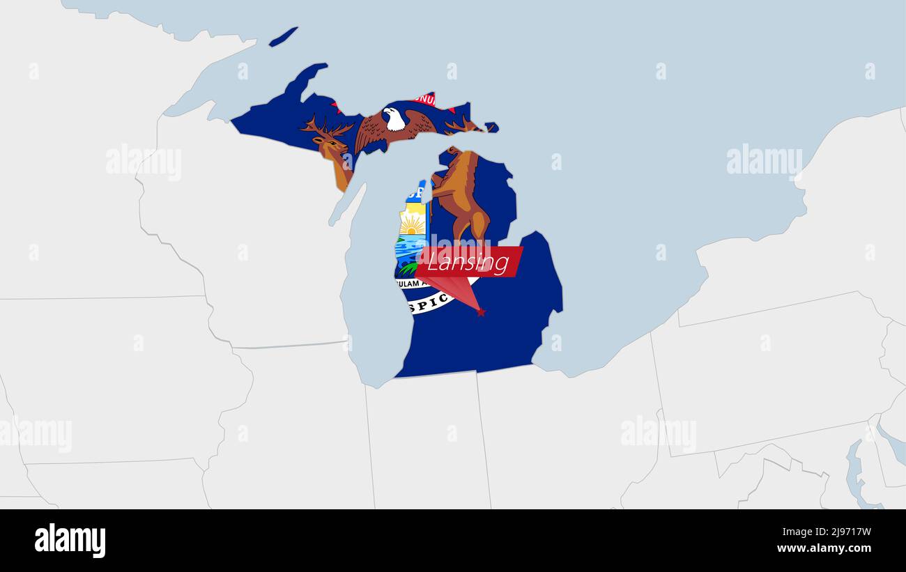 US State Michigan map highlighted in Michigan flag colors and pin of ...