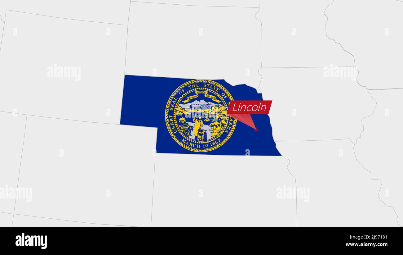 US State Nebraska map highlighted in Nebraska flag colors and pin of ...