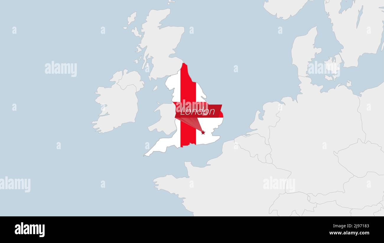 England map highlighted in England flag colors and pin of country ...