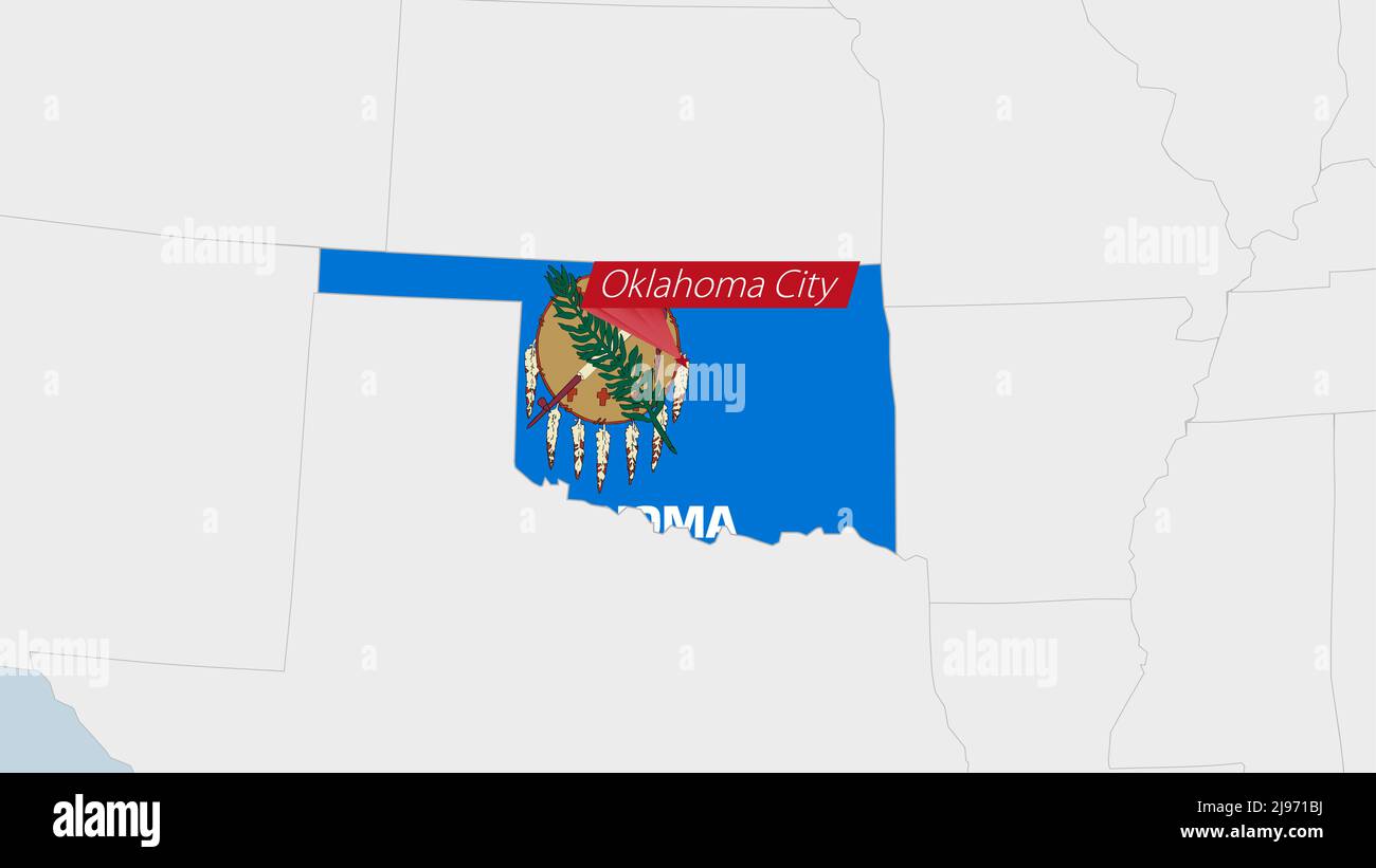 US State Oklahoma map highlighted in Oklahoma flag colors and pin of ...