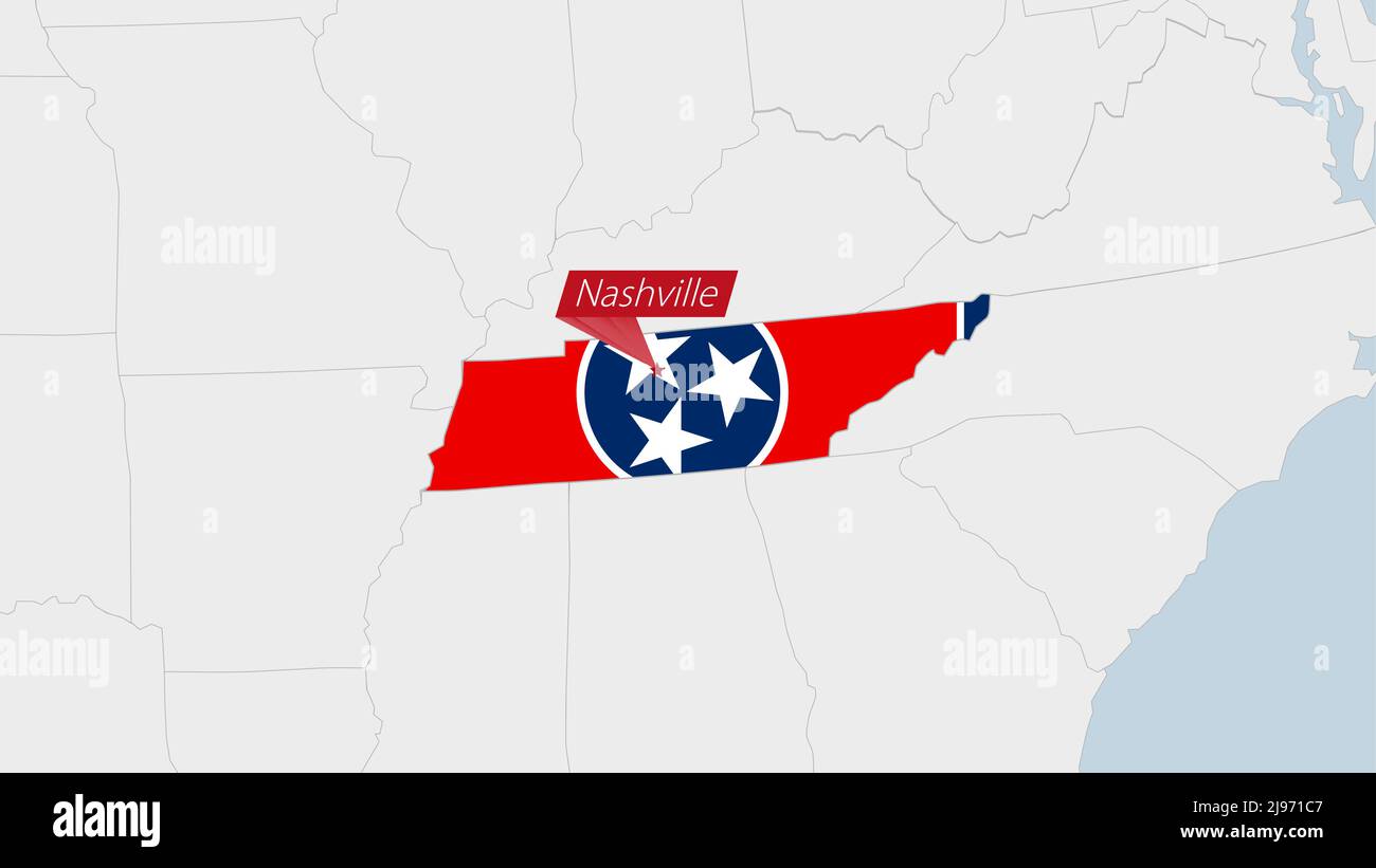 US State Tennessee map highlighted in Tennessee flag colors and pin of ...