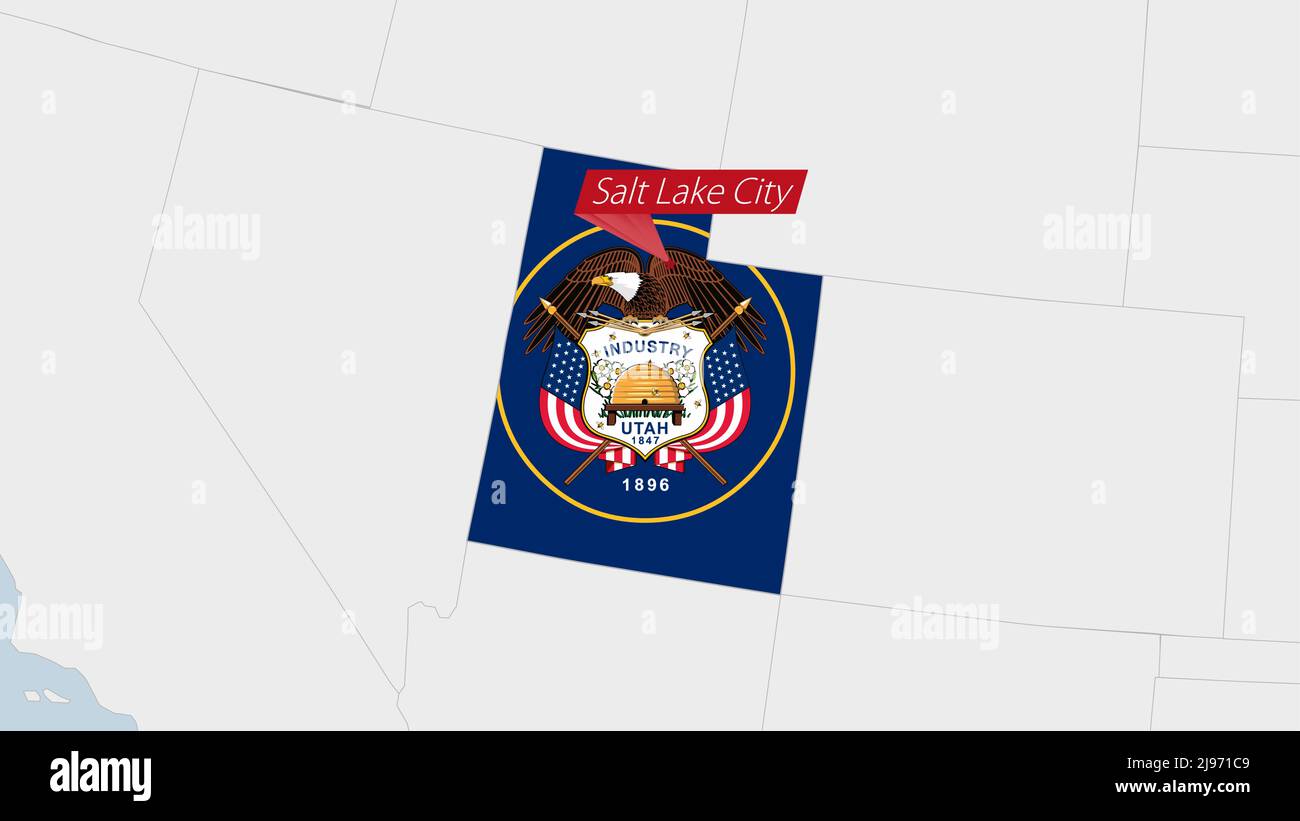 US State Utah map highlighted in Utah flag colors and pin of country ...