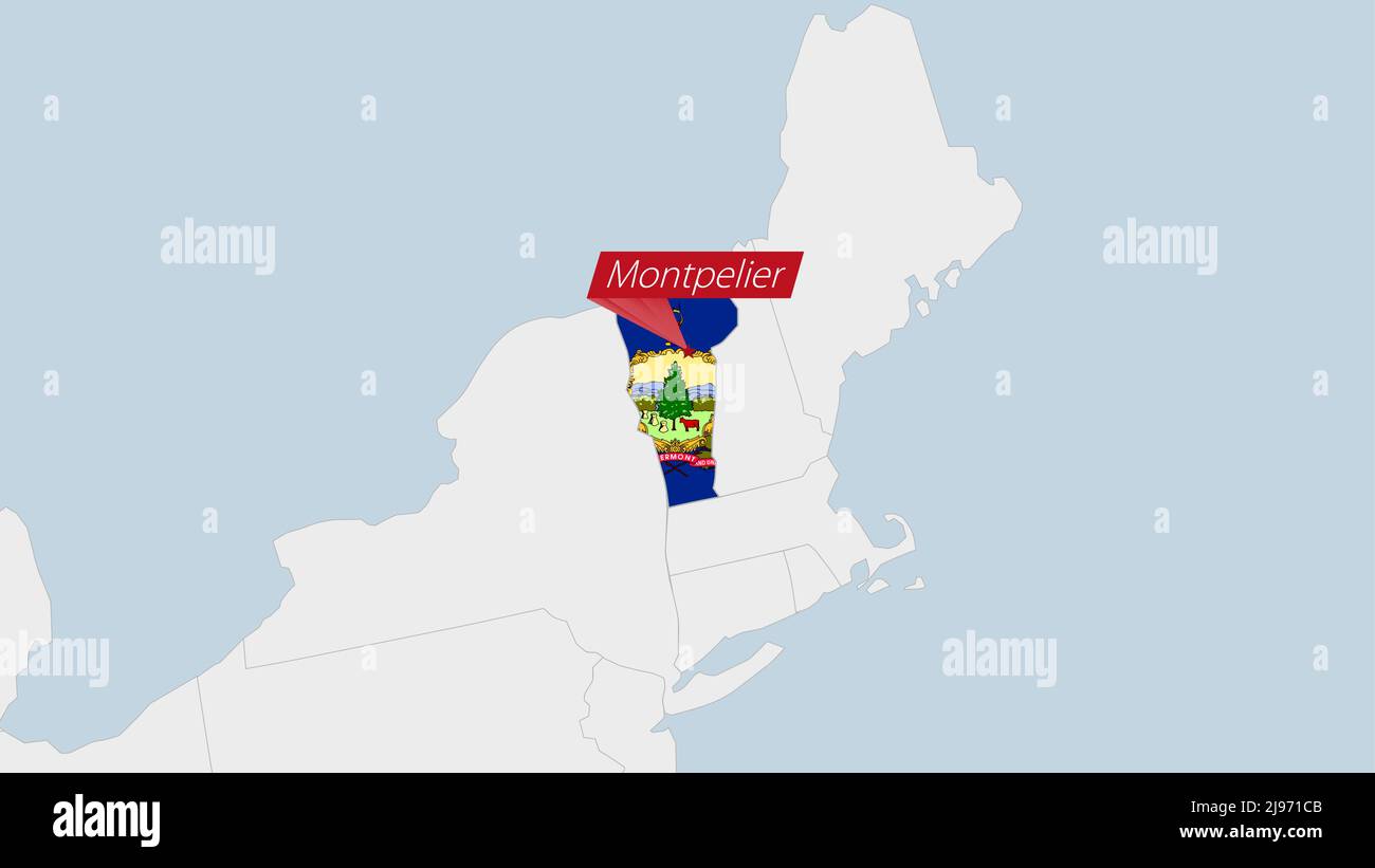 US State Vermont map highlighted in Vermont flag colors and pin of ...