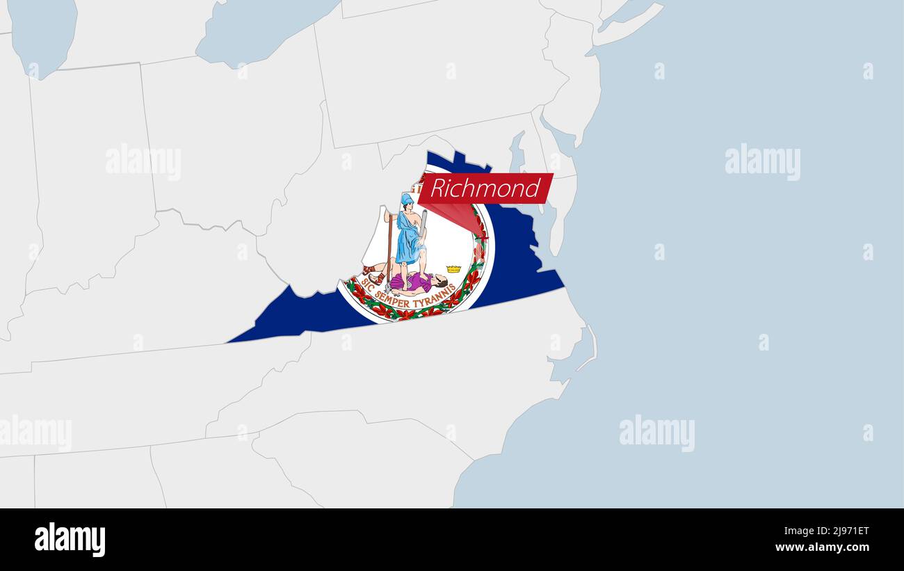 US State Virginia map highlighted in Virginia flag colors and pin of ...