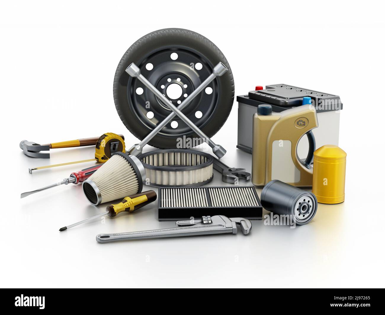 Car spare parts isolated on white background. 3D illustration Stock ...