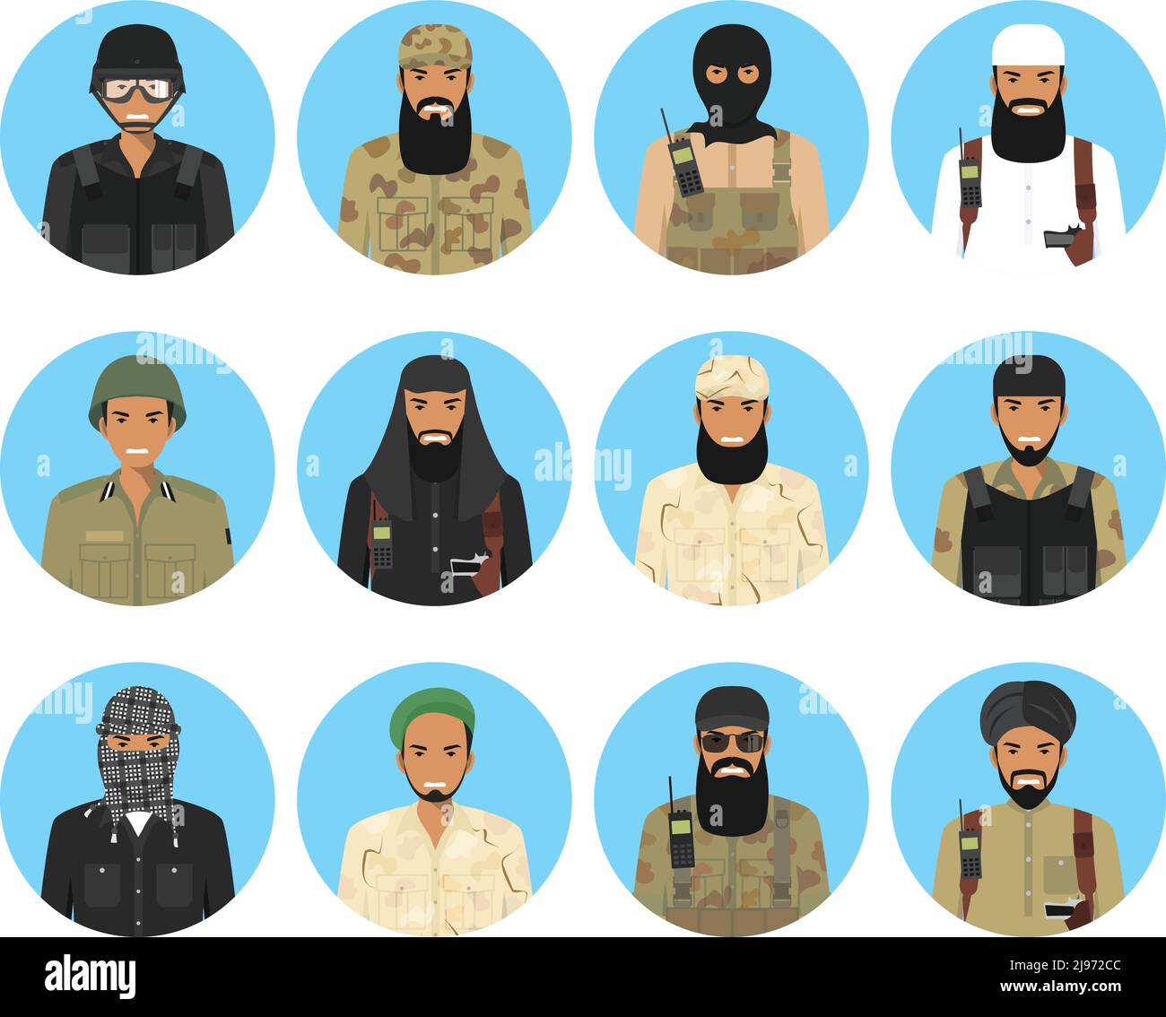 Set of colorful military Middle East people in flat style icons: muslim ...