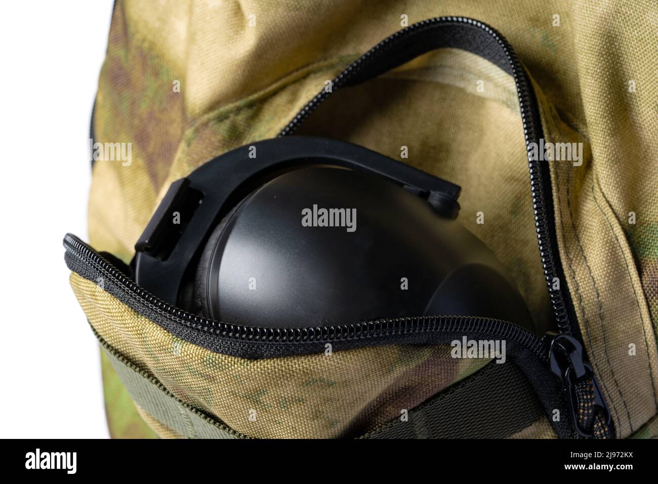 Open military backpack of khaki color on a white background Stock Photo ...