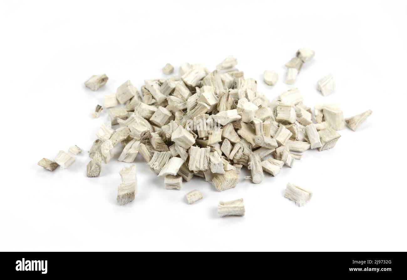 Pile of dried and sliced marshmallow root (Althaea officinalis ...