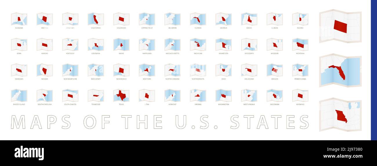 Collection of folding maps of the USA States, a map with two folds ...
