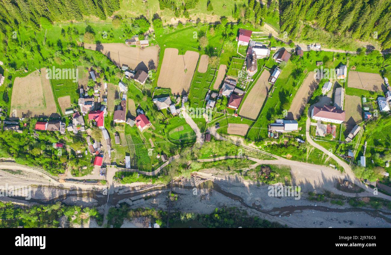 aerial scene of countryside village in Romania. top view Stock Photo ...