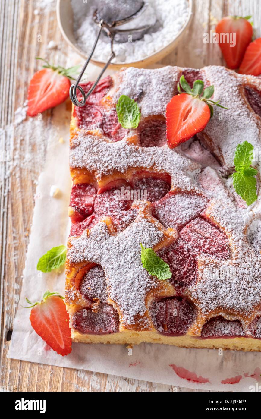 Hot and delicious strawberry cake made of yeast dough. Summer fruit ...