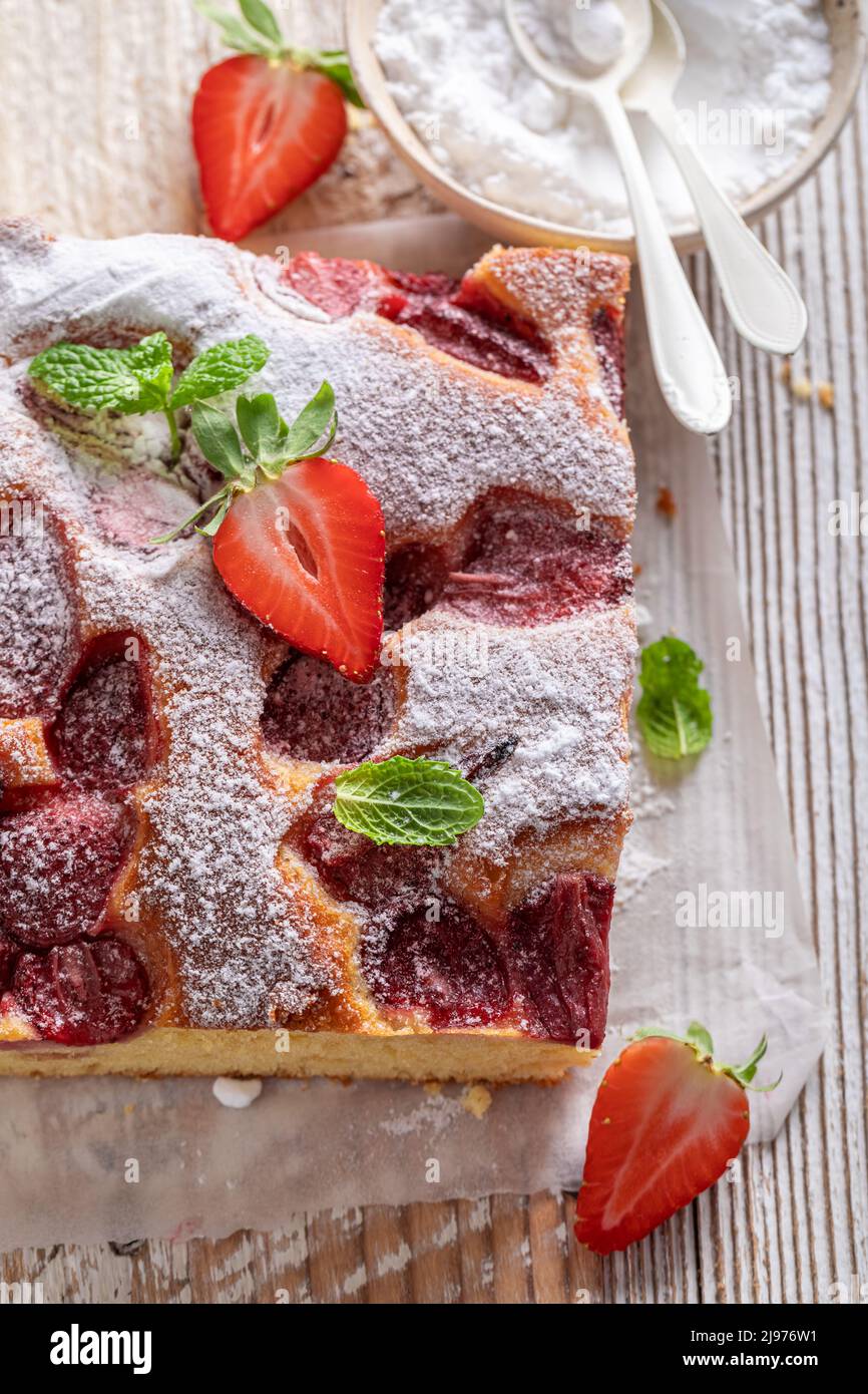 Sweet and tasty strawberry cake with caster sugar and berries. Vegan ...