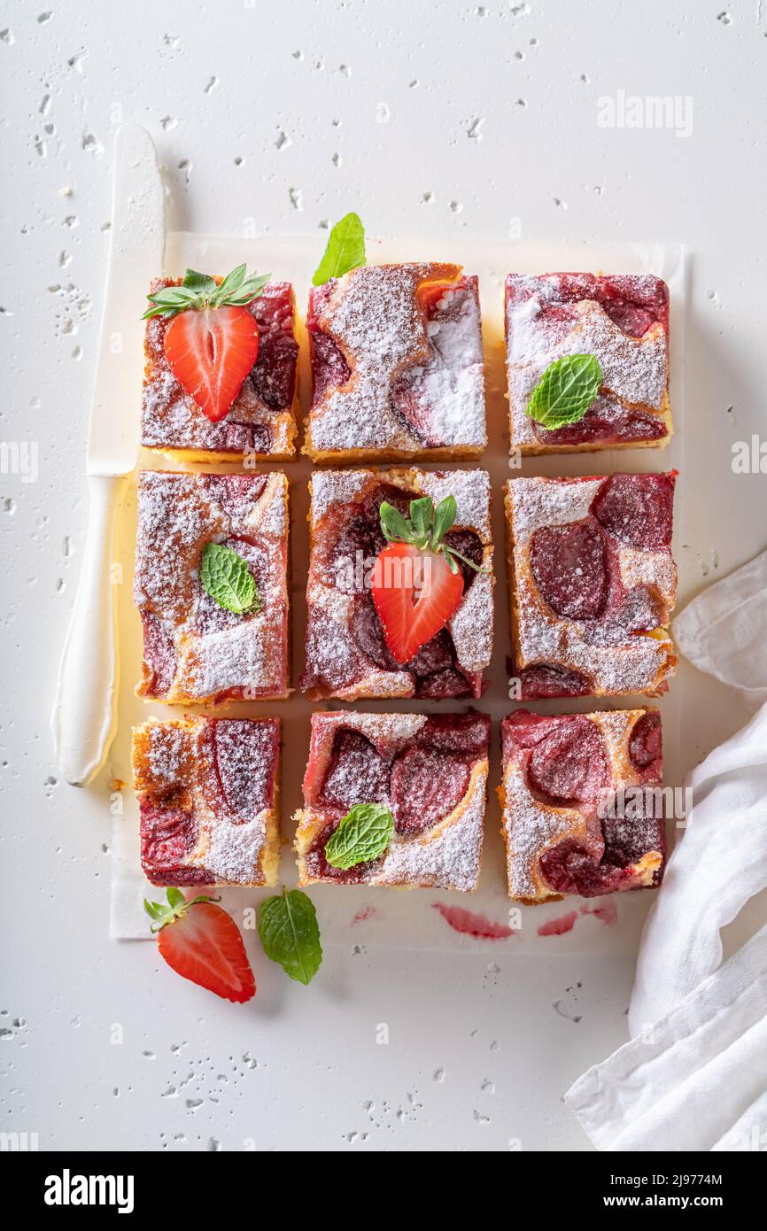 Hot and delicious strawberry cake made of fruits and mint. Sponge cake ...