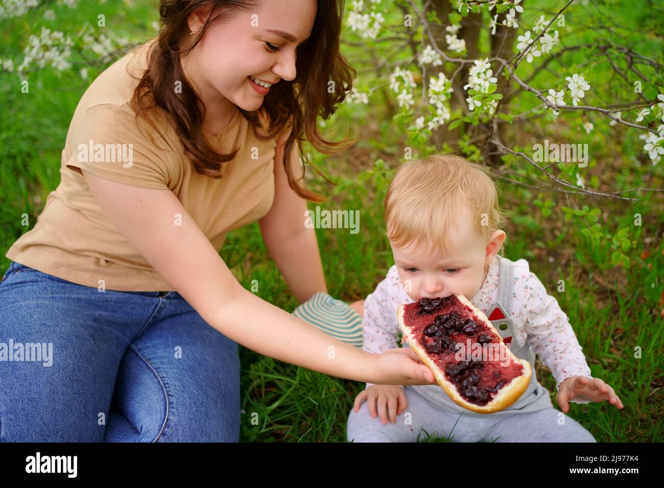 mother and daughter eat jam bread at a picnic spring Stock Photo - Alamy
