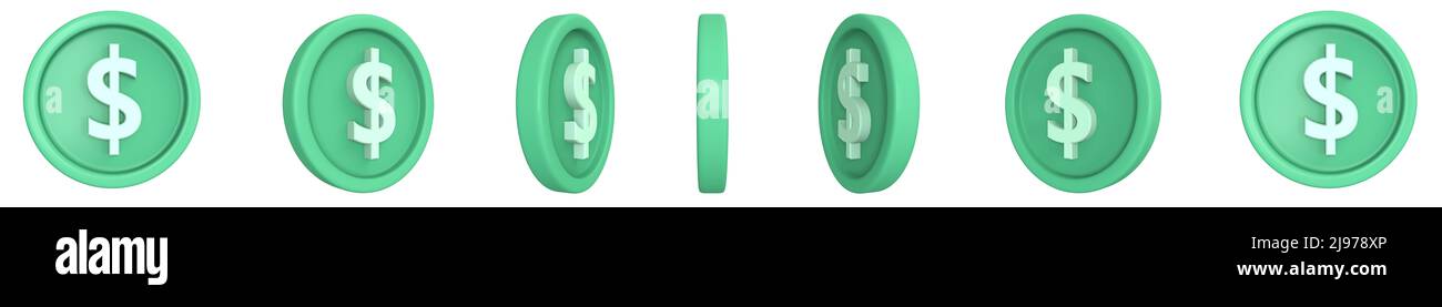 Coin with US dollar sign in different angles. 3D illustration on white ...