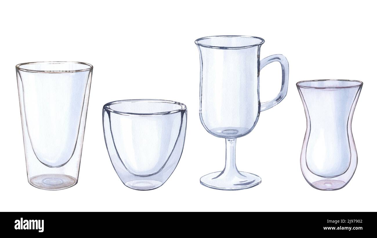 Set Watercolor empty transparent glass cup for coffee isolated. Modern ...