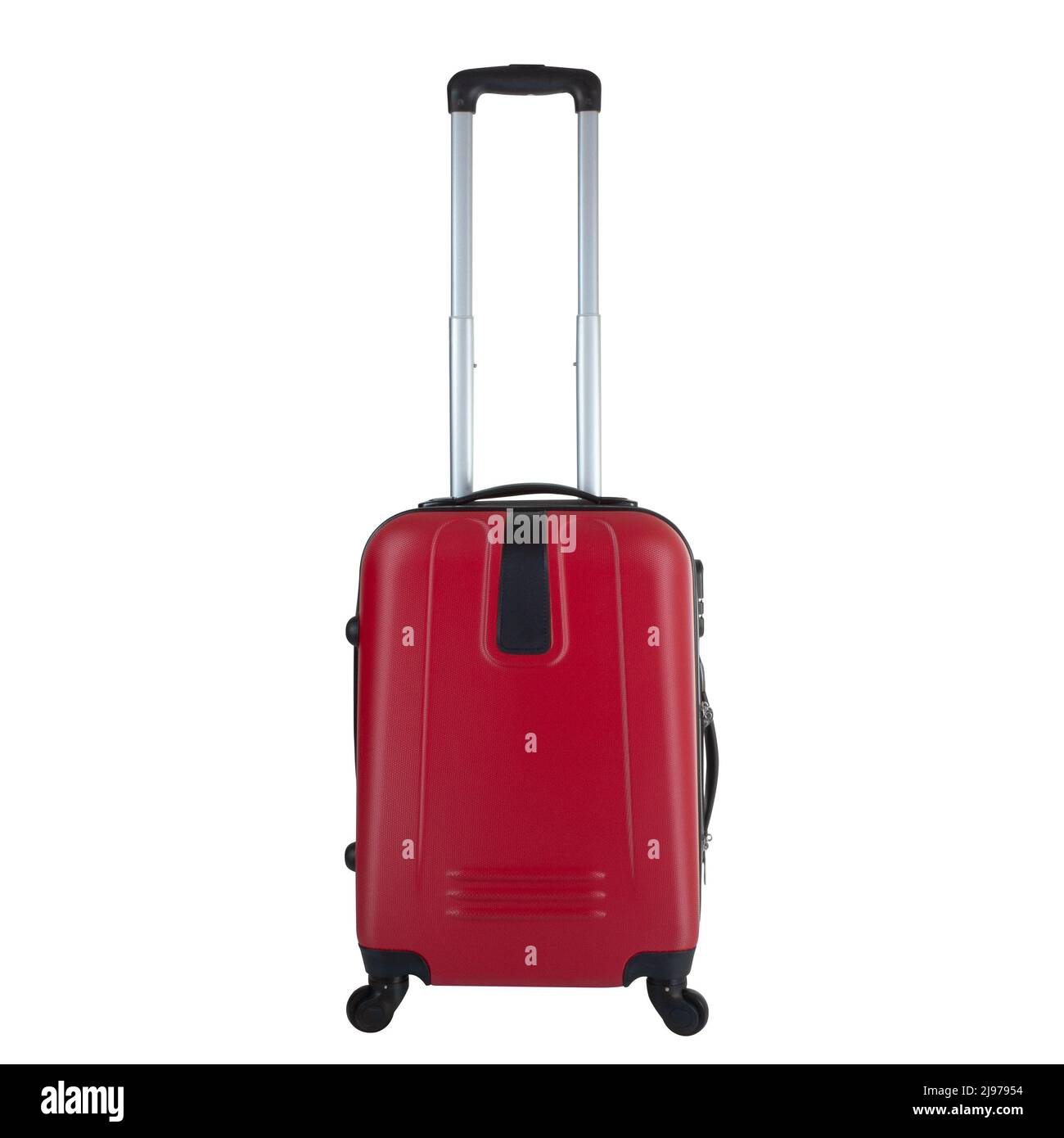 Front view of Red suitcase with long telescopic handle isolated on ...