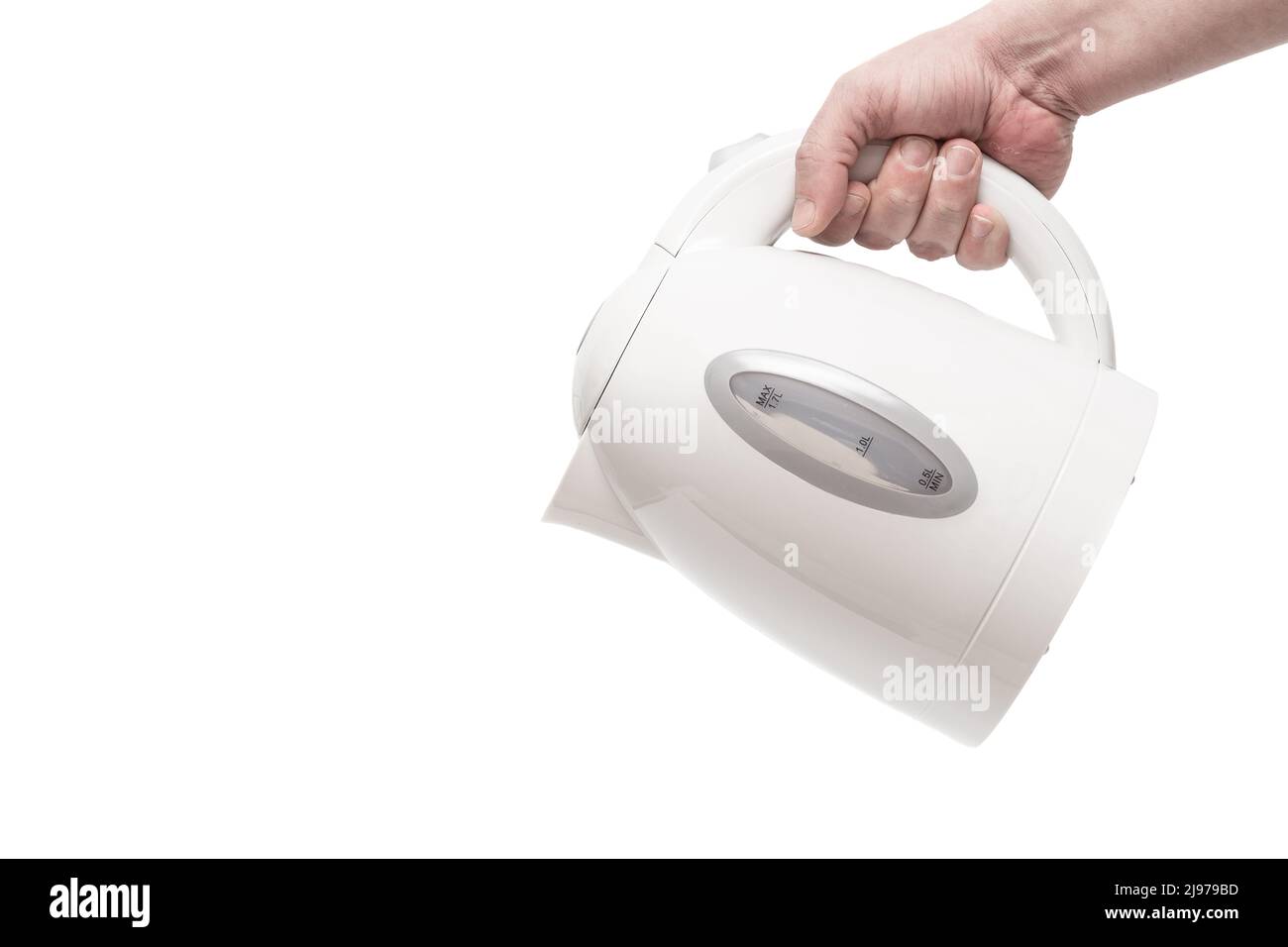hand pouring water from modern kettle water boiler isolated on white ...