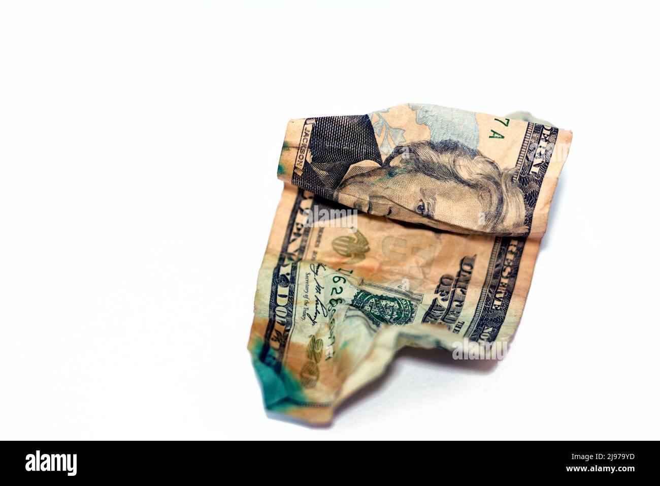 Crumpled American money note of 20 $ twenty dollars bill isolated on ...