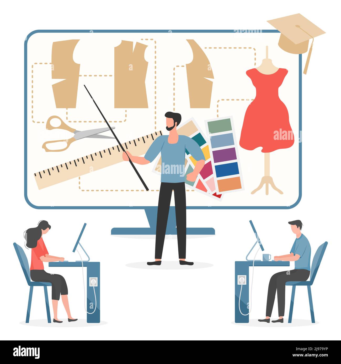 Vector illustration Seamstress teaching people at sewing classes ...