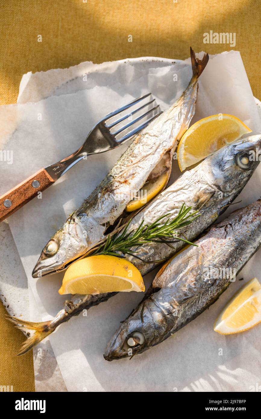Mackerel fish cooking food preparing. Healthy Nutritious food Stock ...