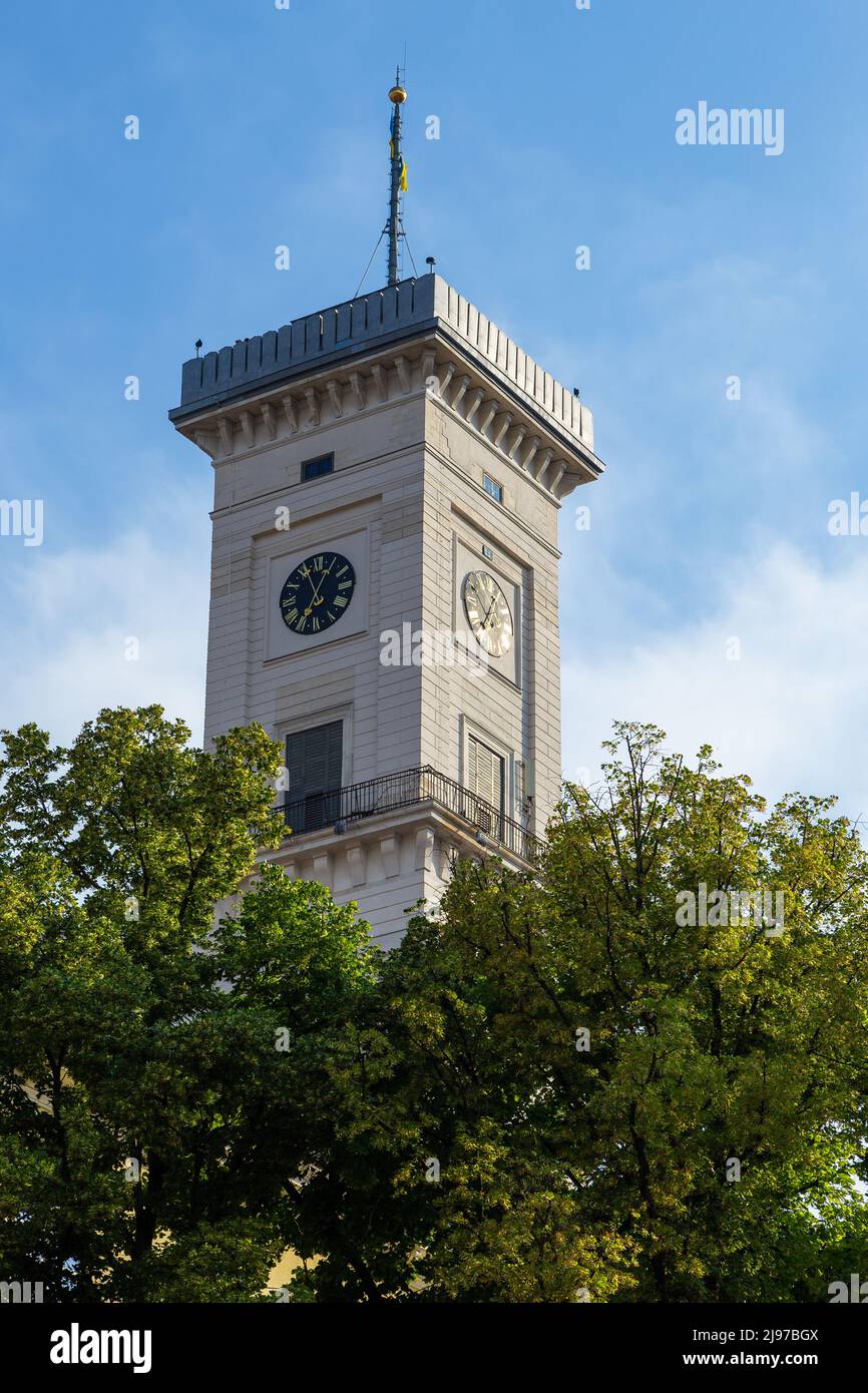 Town Hall observation tower with a clock, historical Old town of Lviv ...