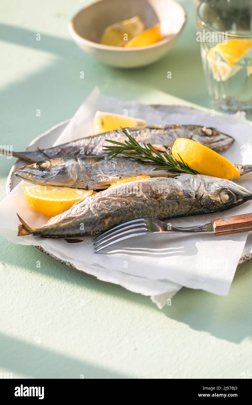 Mackerel fish cooking food preparing. Healthy Nutritious food Stock ...