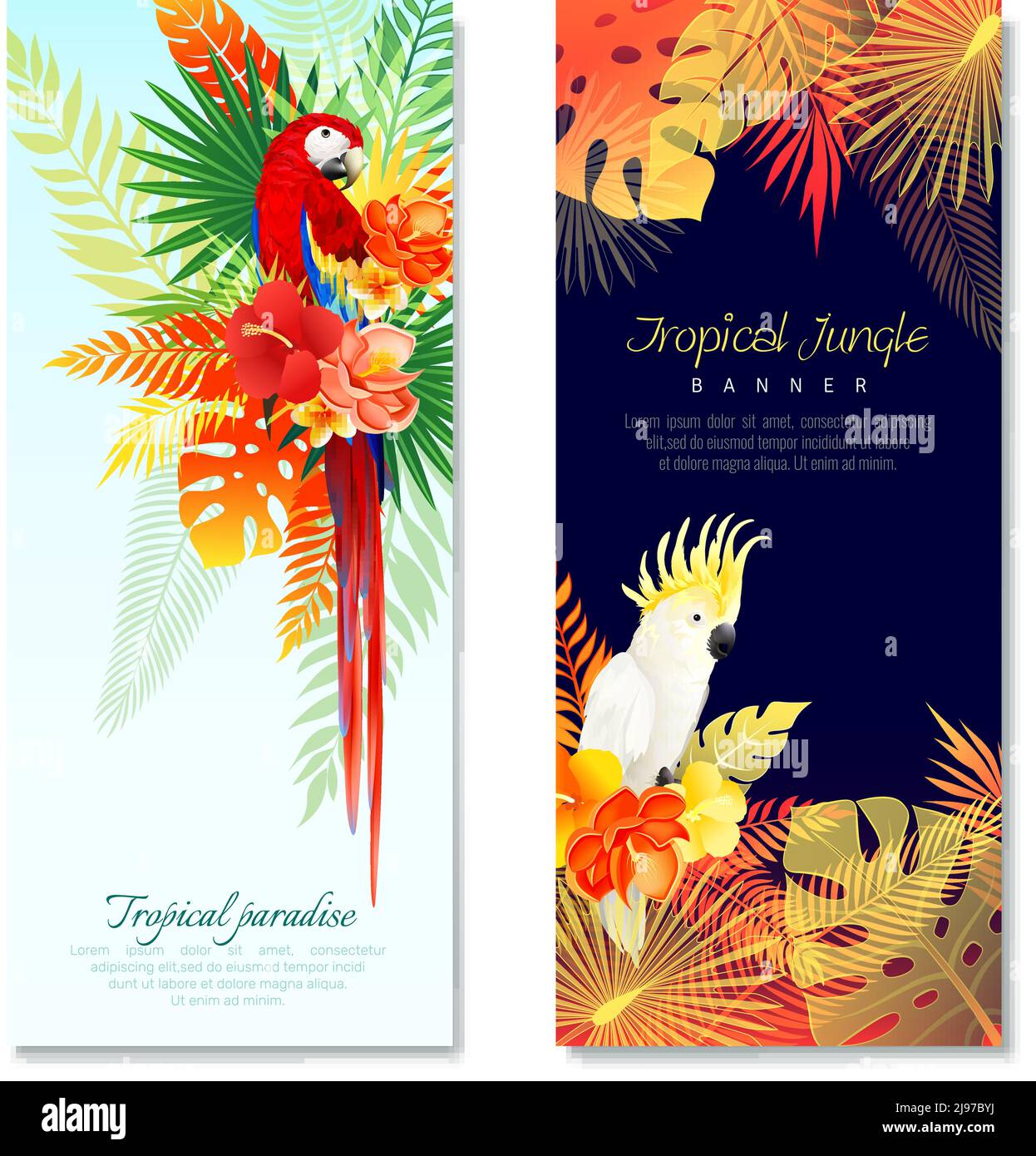 Realistic tropical parrots vertical banners set with compositions of ...