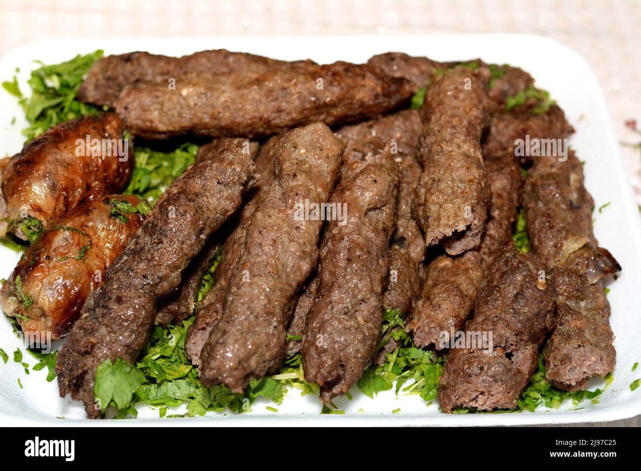 Arabic cuisine traditional food beef Kofta, kebab and tarb kofta which ...