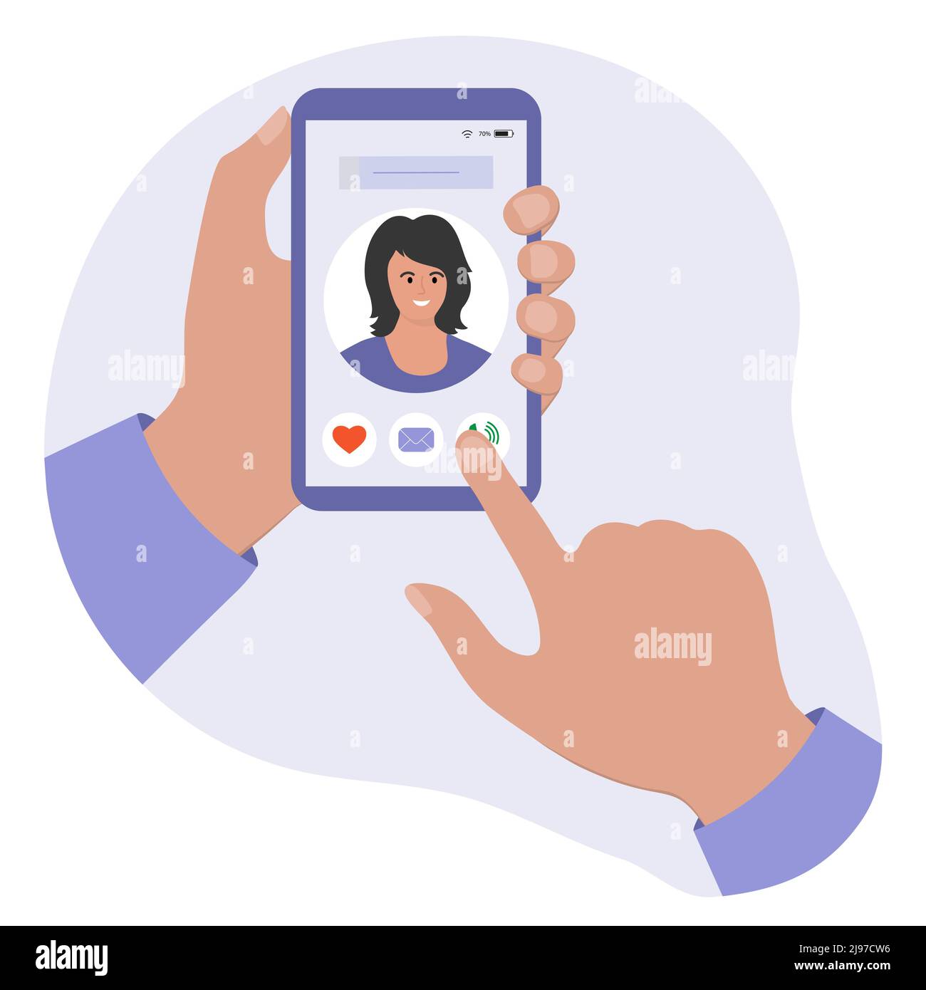 Vector illustration Person uses cell phone dating app. Find love online ...