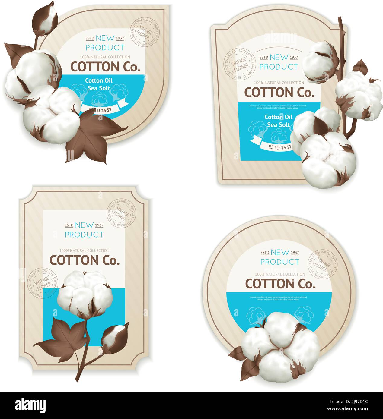 Realistic cotton emblem package icon set with cotton oil sea soft ...
