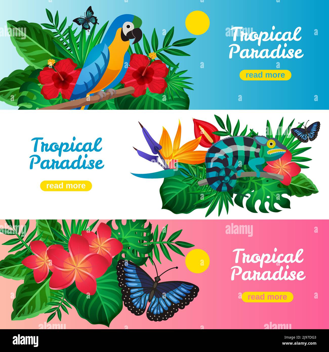 Three colored tropical horizontal banner set with tropical paradise ...